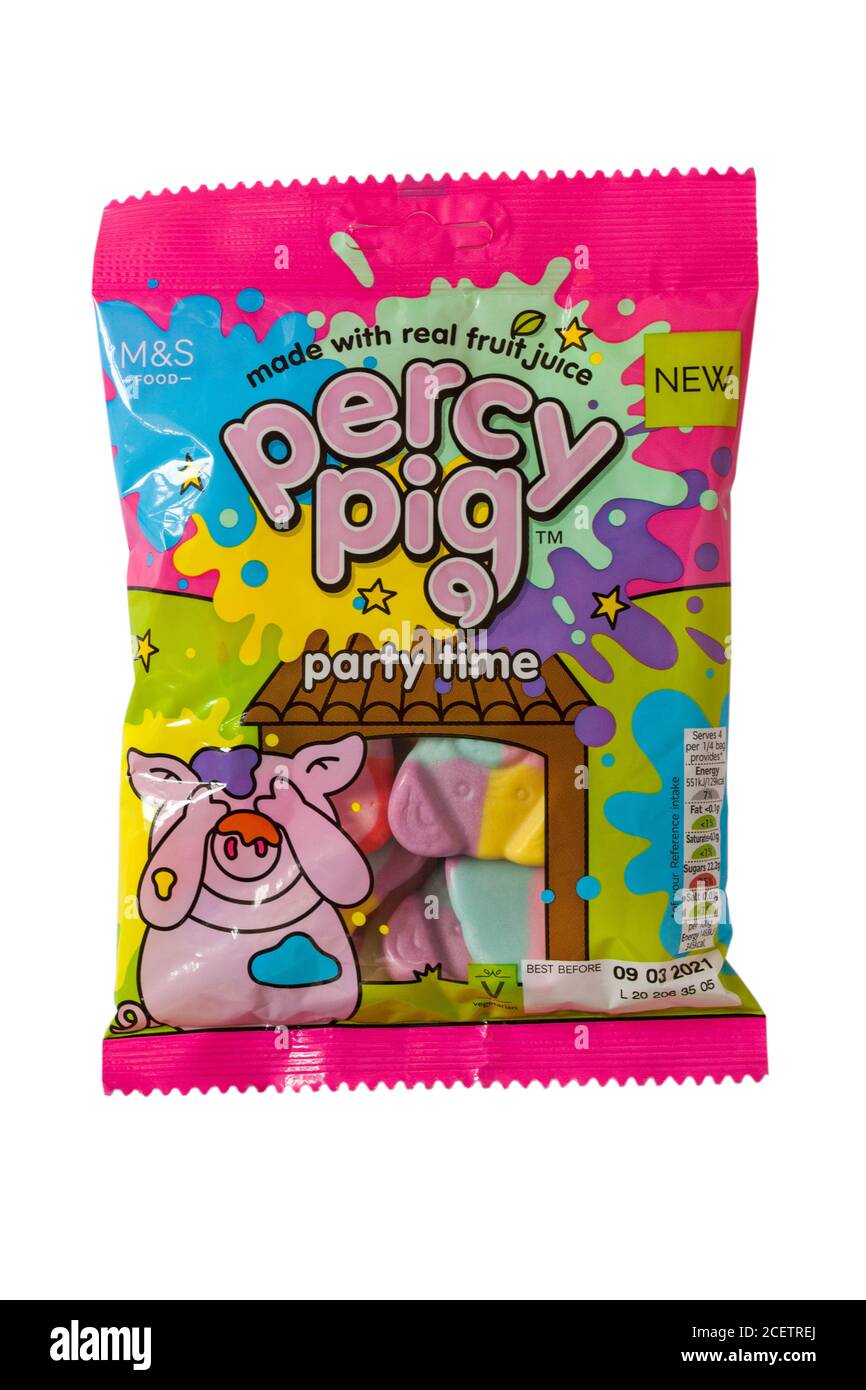 Bag of new Marks & Spencer percy pig party time sweets isolated on white background made with ...