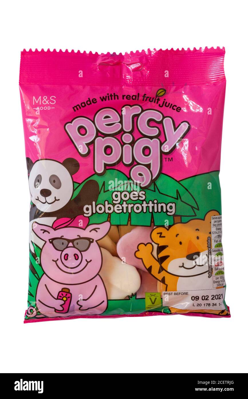 Bag of Marks & Spencer percy pig goes globetrotting sweets isolated on white background made ...