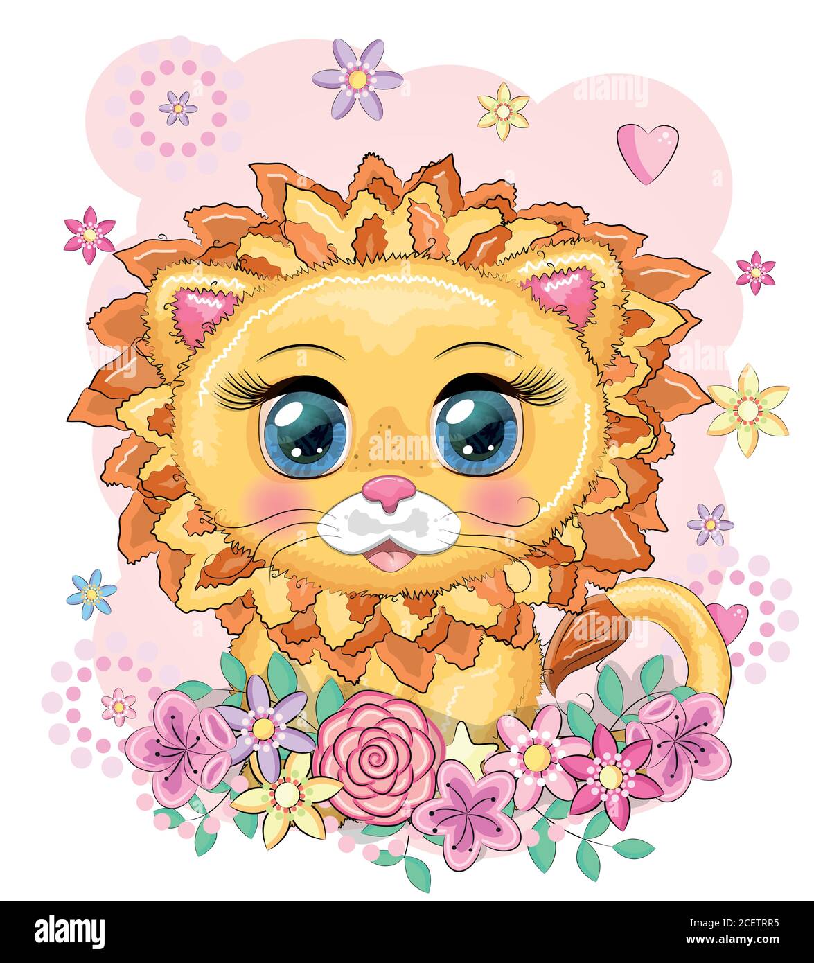 Cute cartoon lion with big eyes in a children's bright style Stock ...