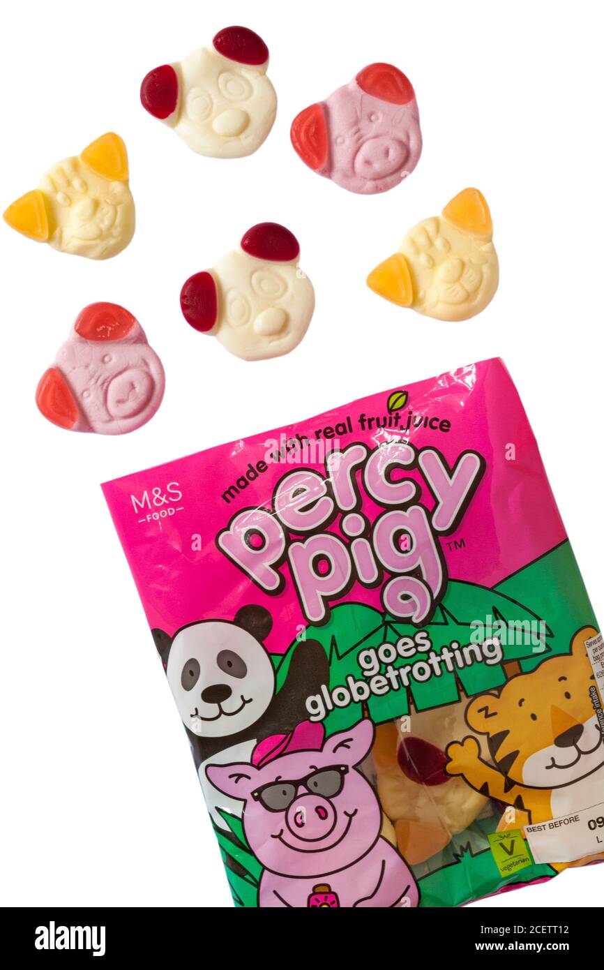 Bag of Marks & Spencer percy pig goes globetrotting sweets opened with contents spilled spilt ...