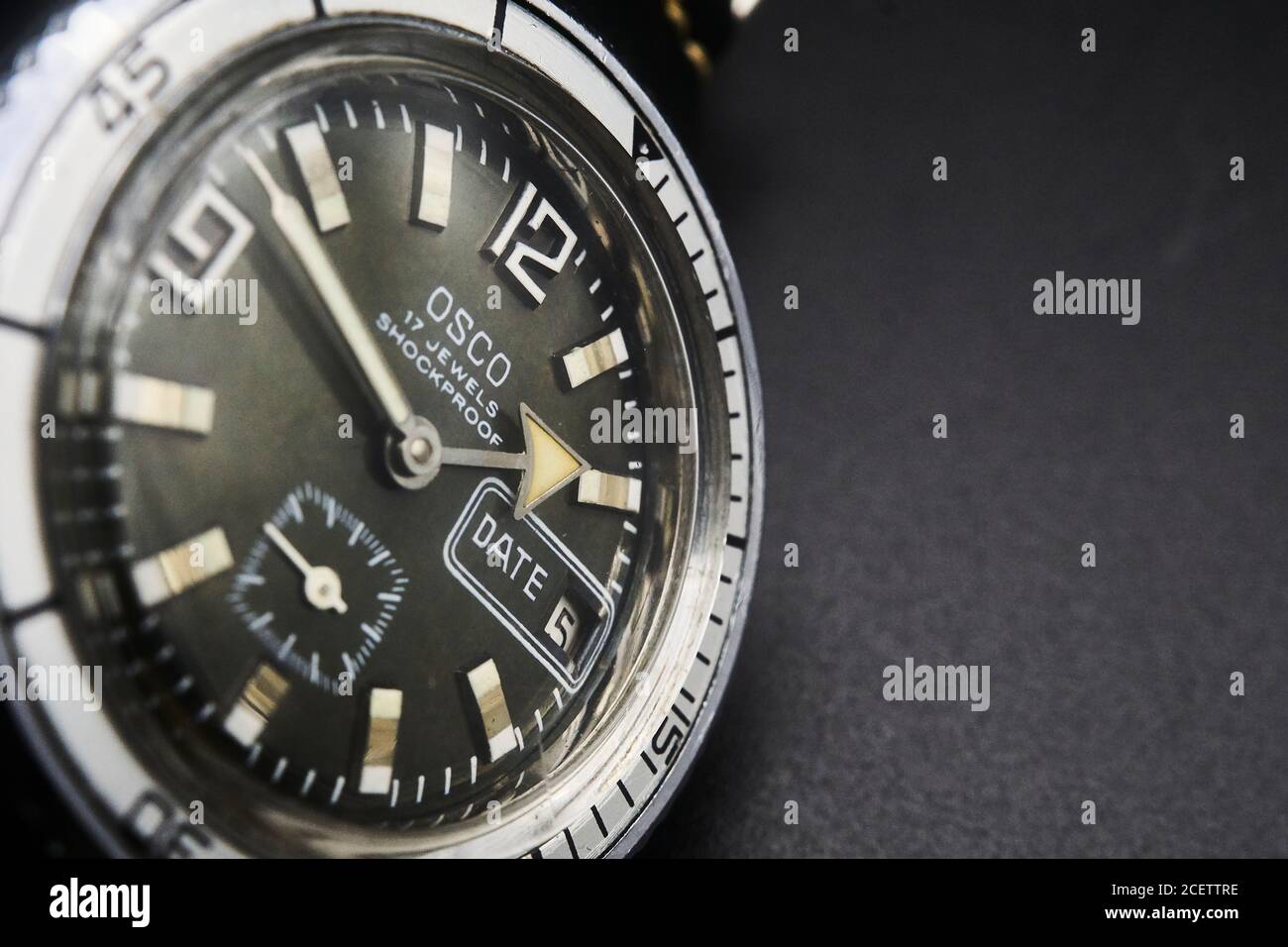 close up detailed images of an OSCO dive watch from the 1960's Stock ...