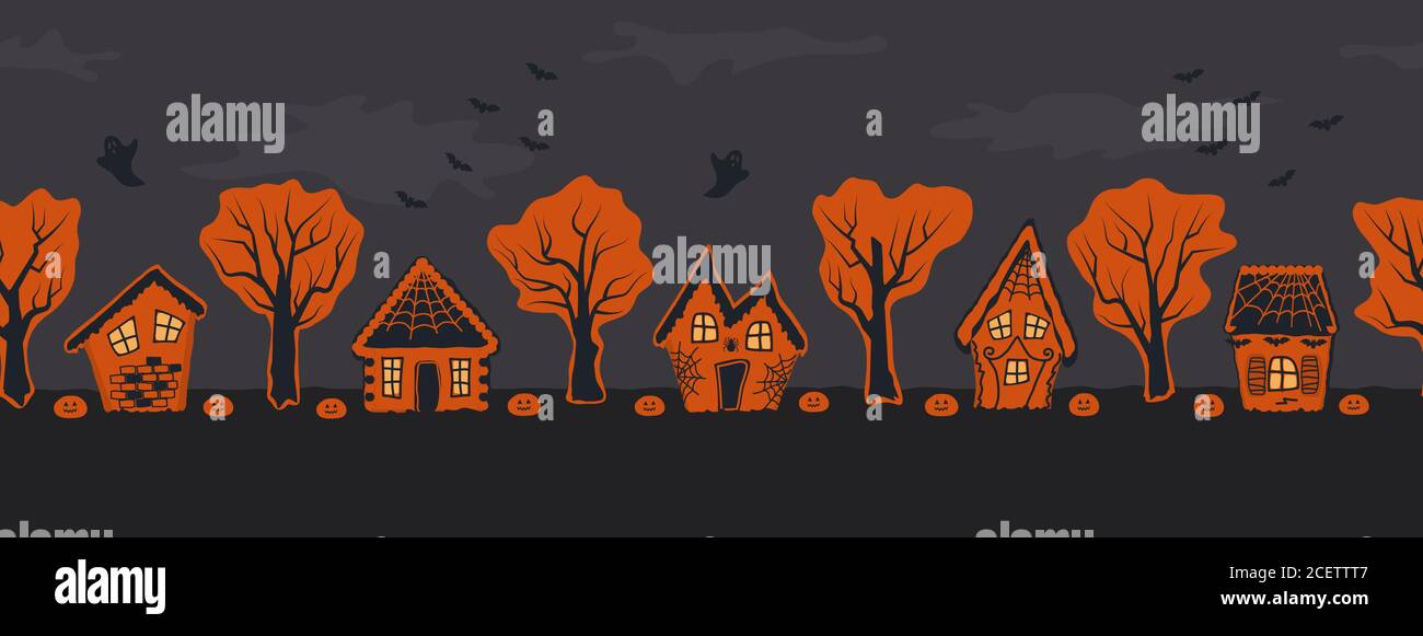 Halloween houses. Spooky village. Seamless border. Orange silhouettes ...