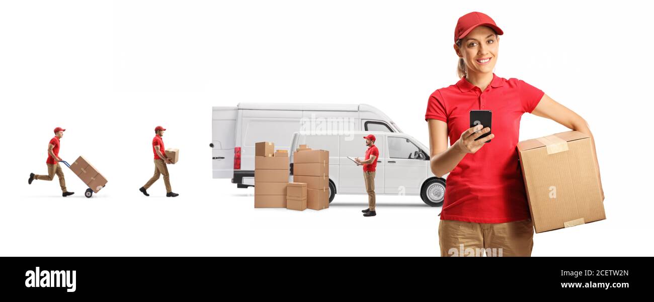 Courier woman mobile phone Cut Out Stock Images & Pictures - Alamy
