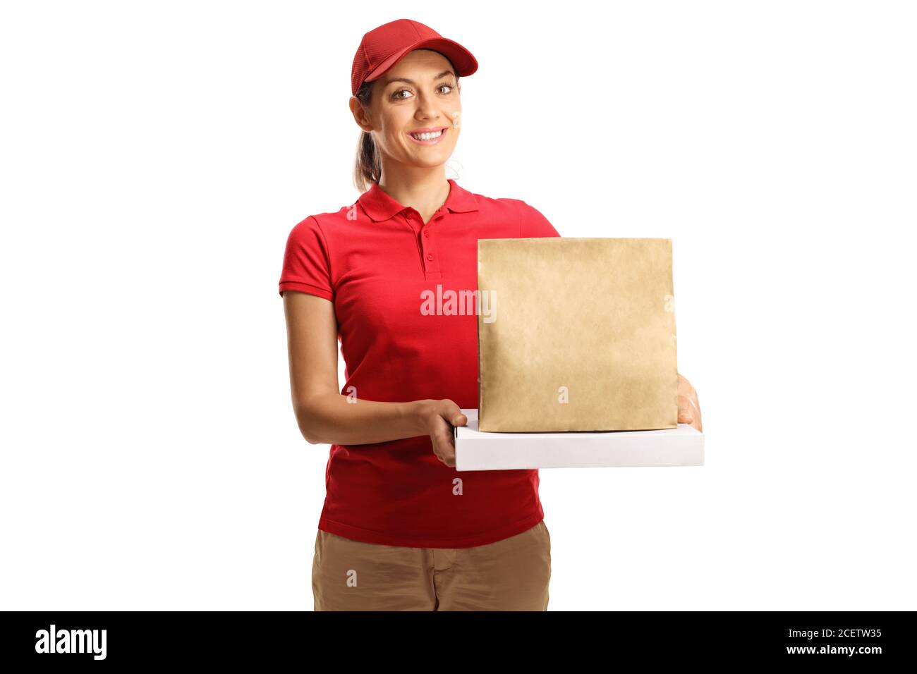 Young woman delivering takeaway food and pizza isolated on white ...