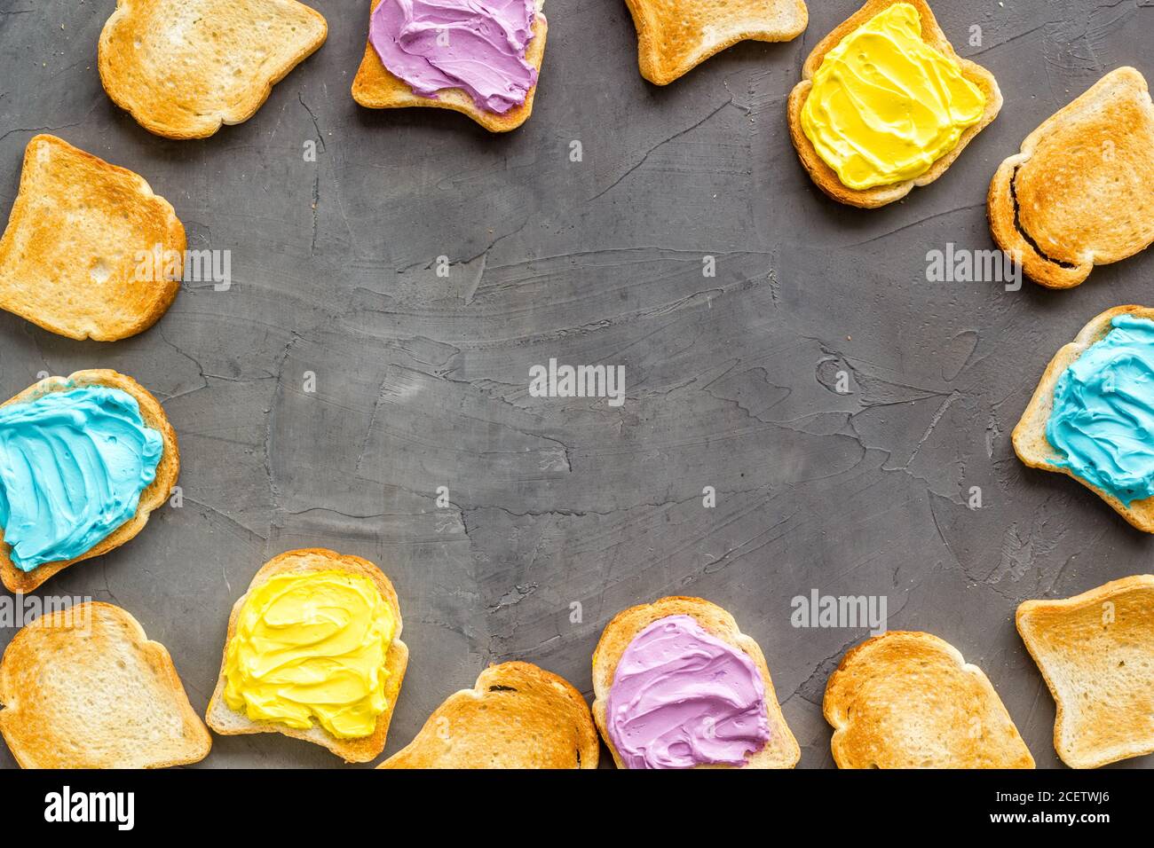 Frame of cheese spread toast bread. Food background, top view Stock ...