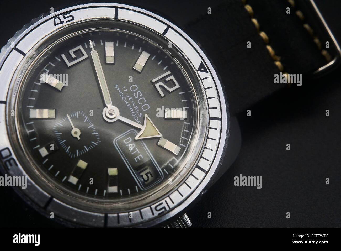 close up detailed images of an OSCO dive watch from the 1960's Stock ...