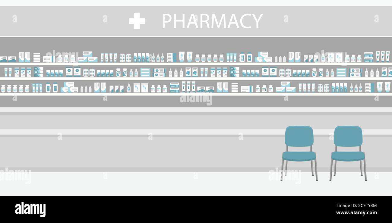 Pharmacy interior in blue and gray colors. There are shelves with ...