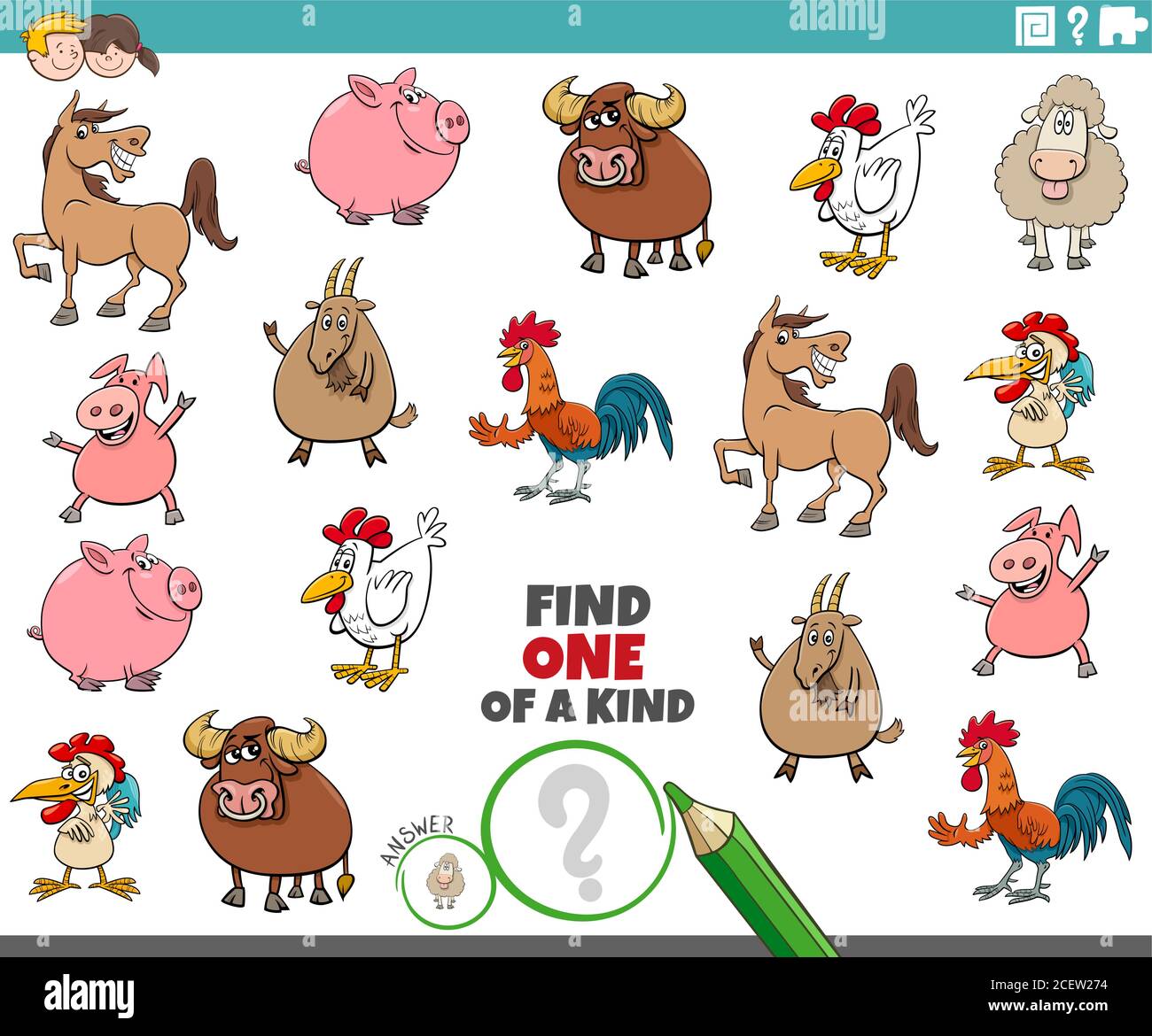 Cartoon Illustration of Find One of a Kind Picture Educational Game ...