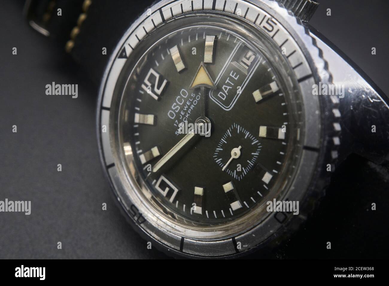 close up detailed images of an OSCO dive watch from the 1960's Stock ...