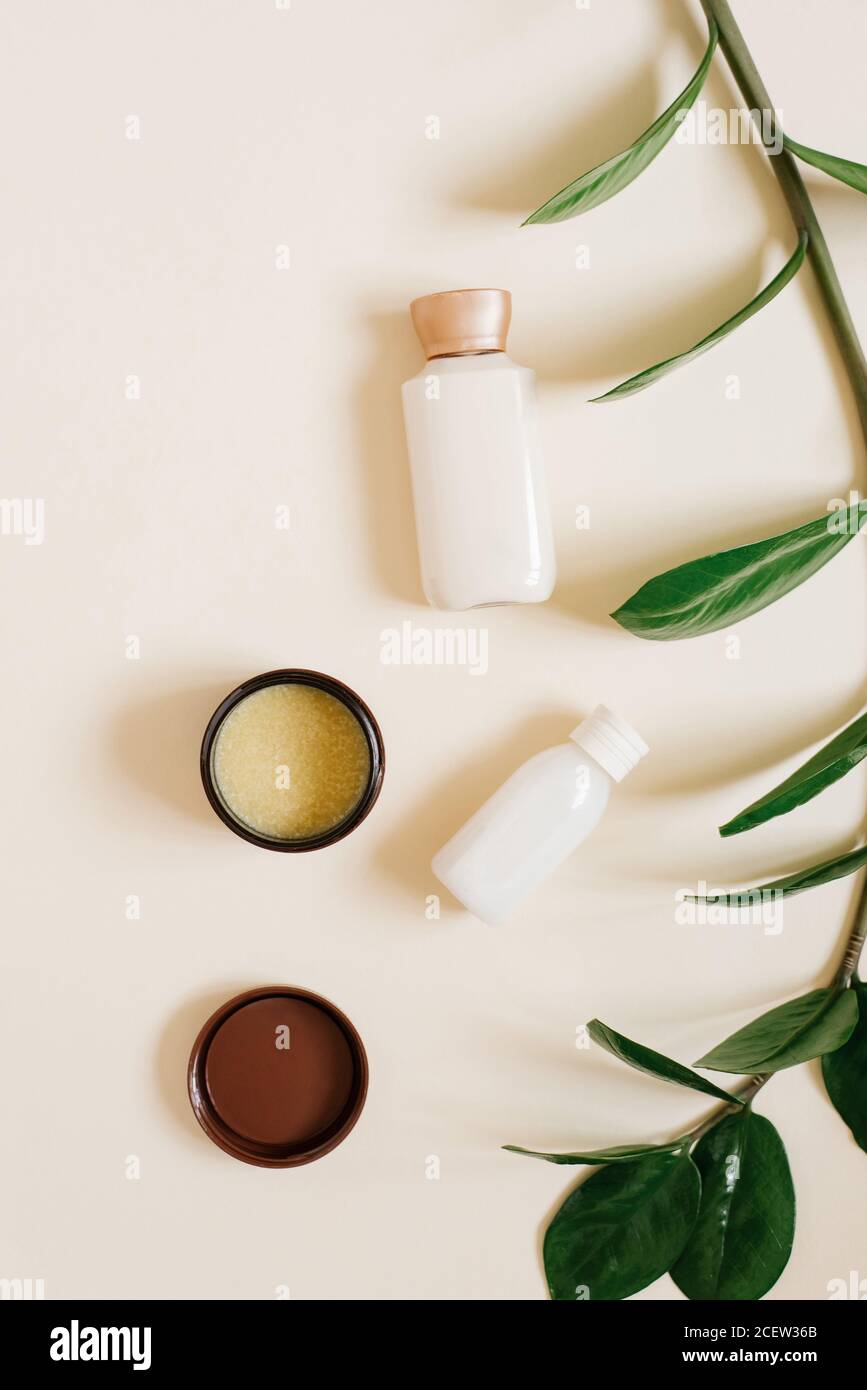 The concept of plant-based, organic cosmetics. Bottles with body or ...