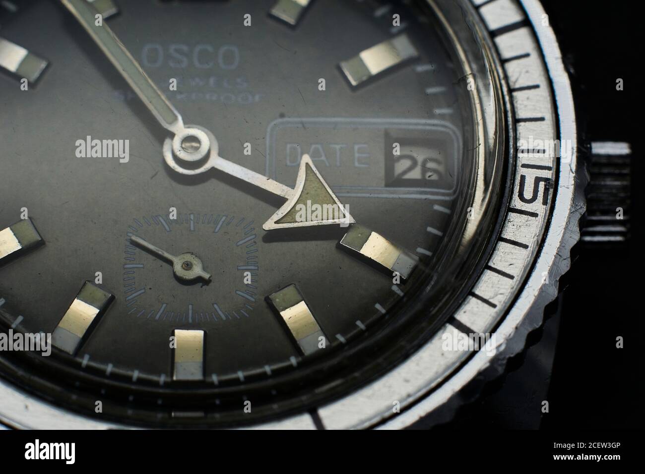 close up detailed images of an OSCO dive watch from the 1960's Stock ...