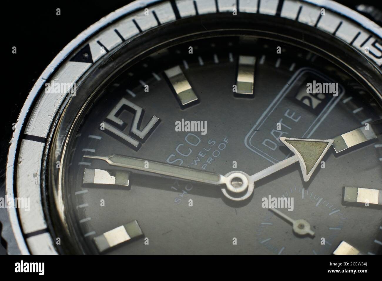 close up detailed images of an OSCO dive watch from the 1960's Stock ...
