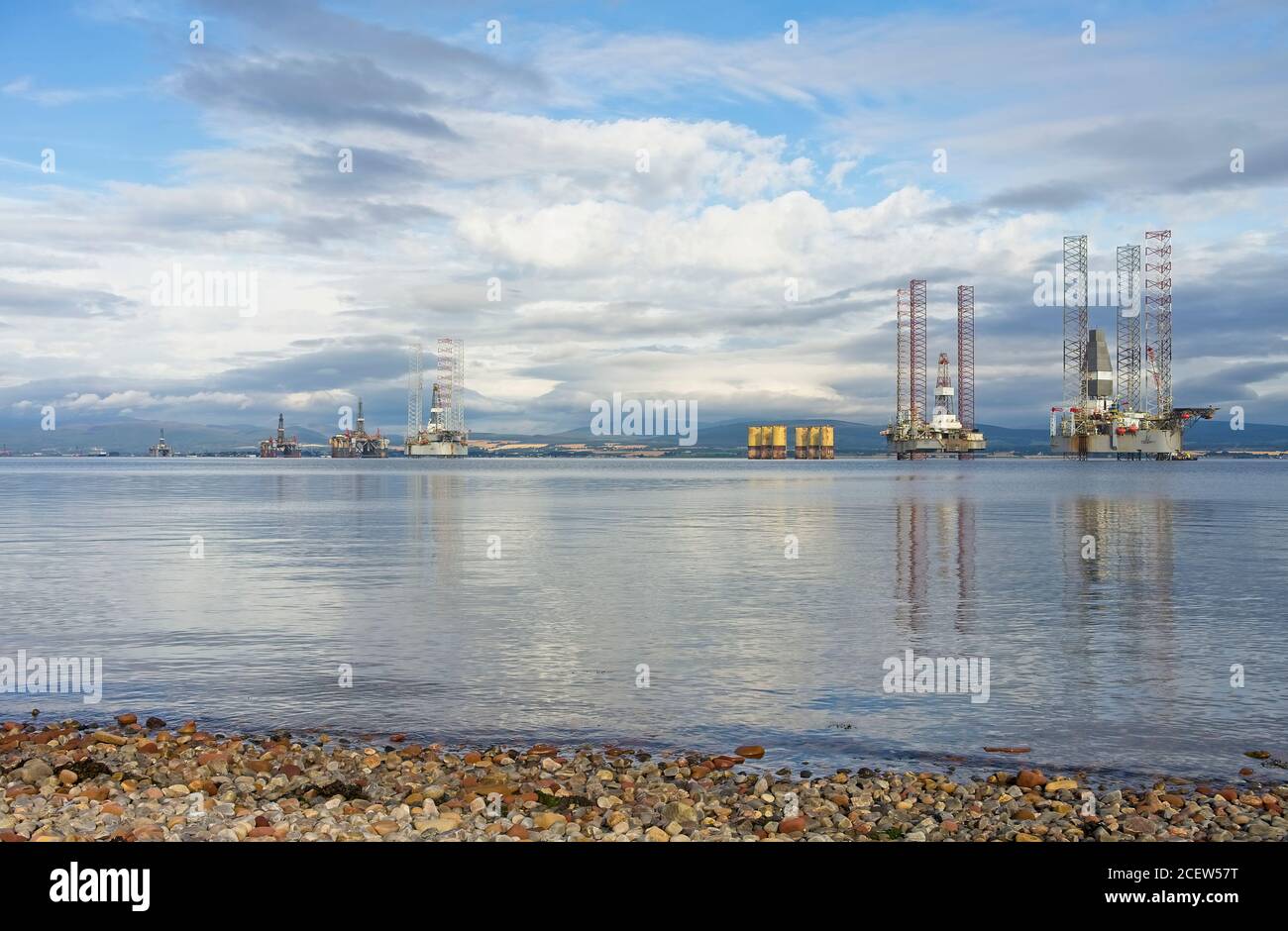 Stacked oil rigs in the Cromarty Firth viewed from the village of ...