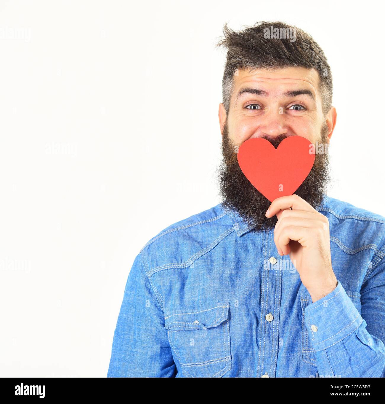Love and romantic feelings concept. Man with beard and happy face ...