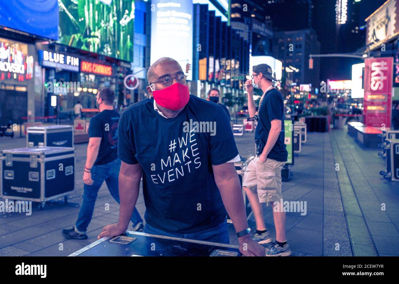 New York, NY, USA. 1st Sep, 2020. A event worker waiting for things to ...