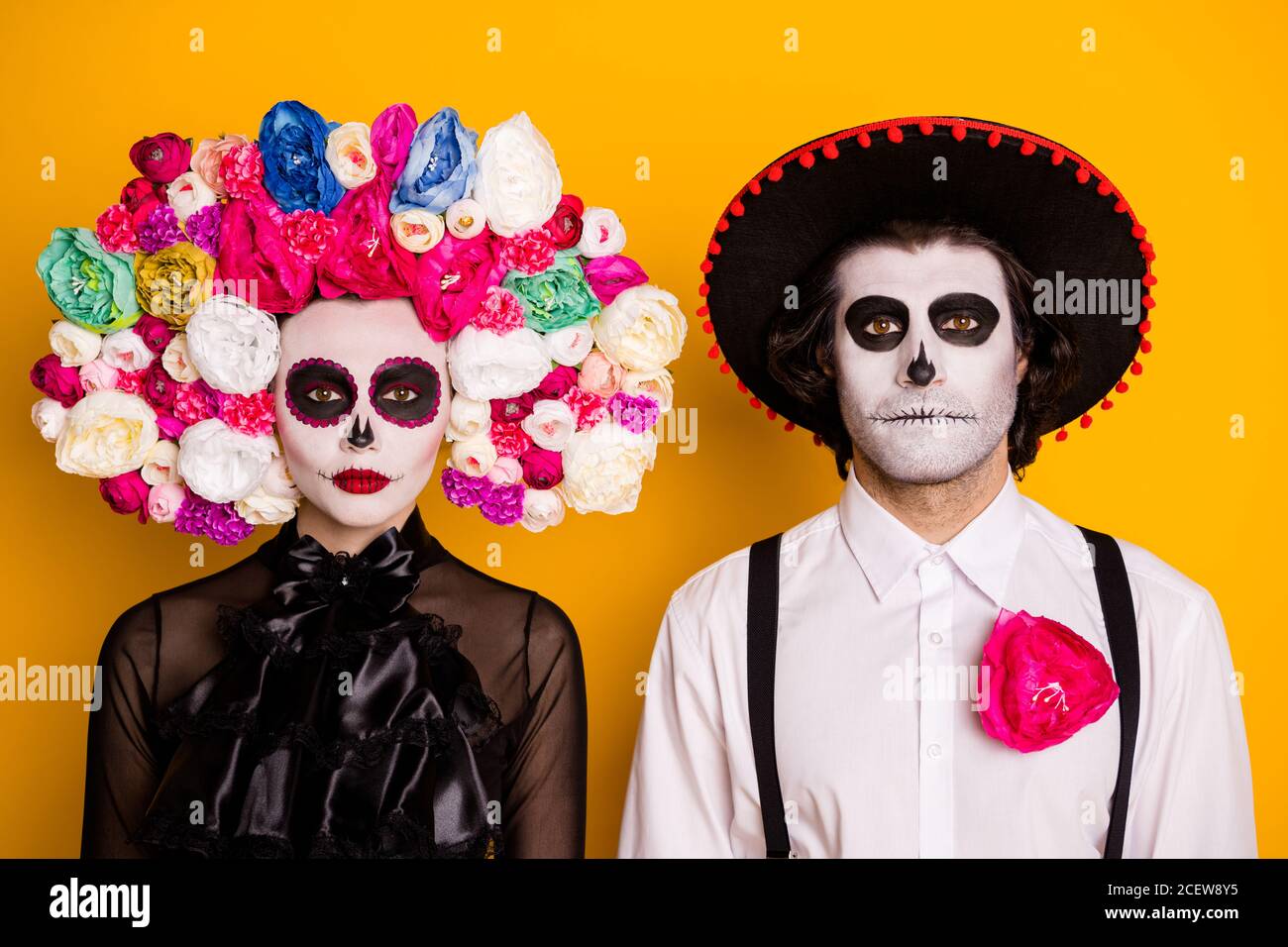 Photo of charming undead couple man lady serious follow necromancer ...