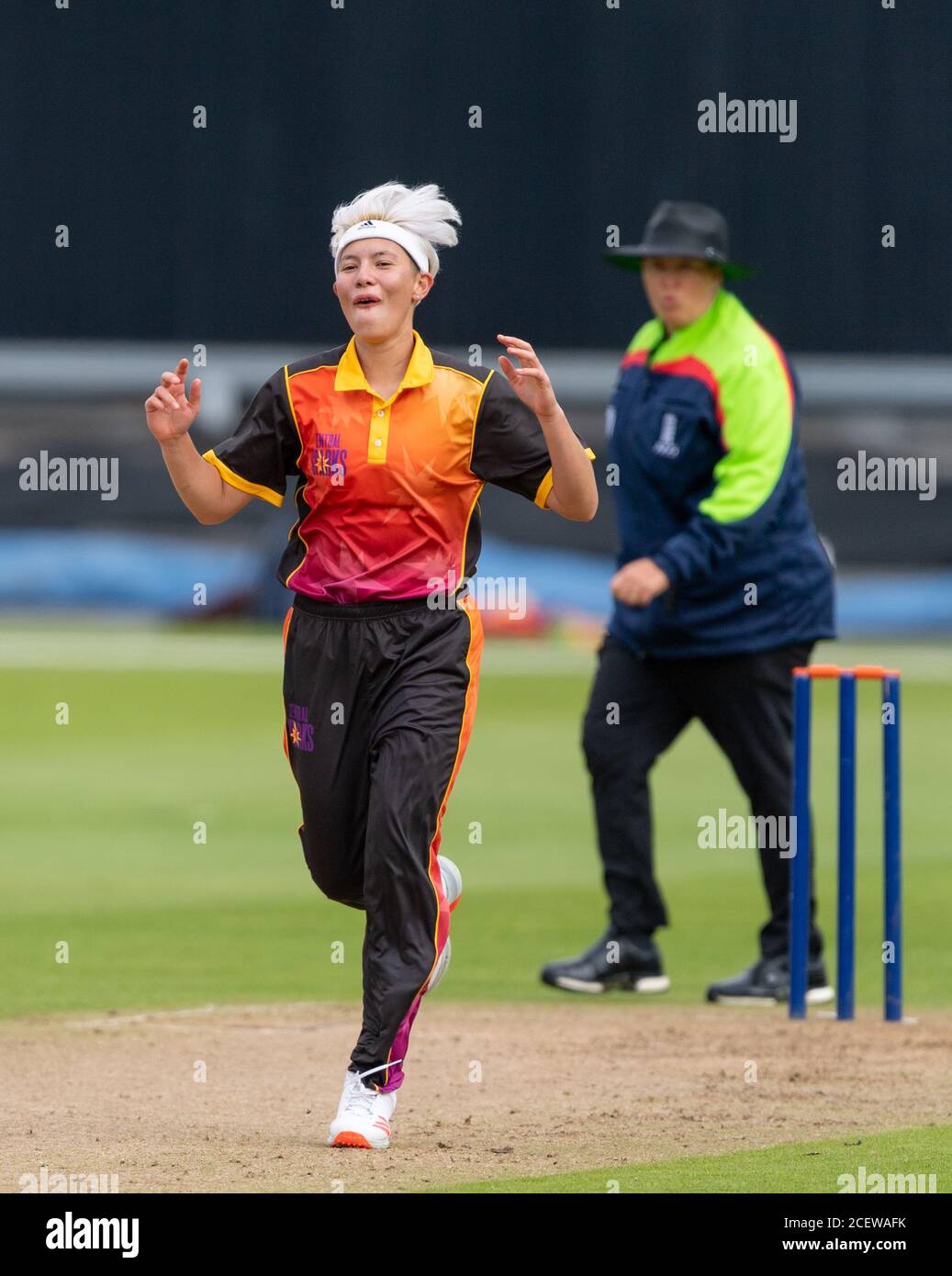 Central Sparks' Issy Wong reacts during her bowling spell in a Rachael ...