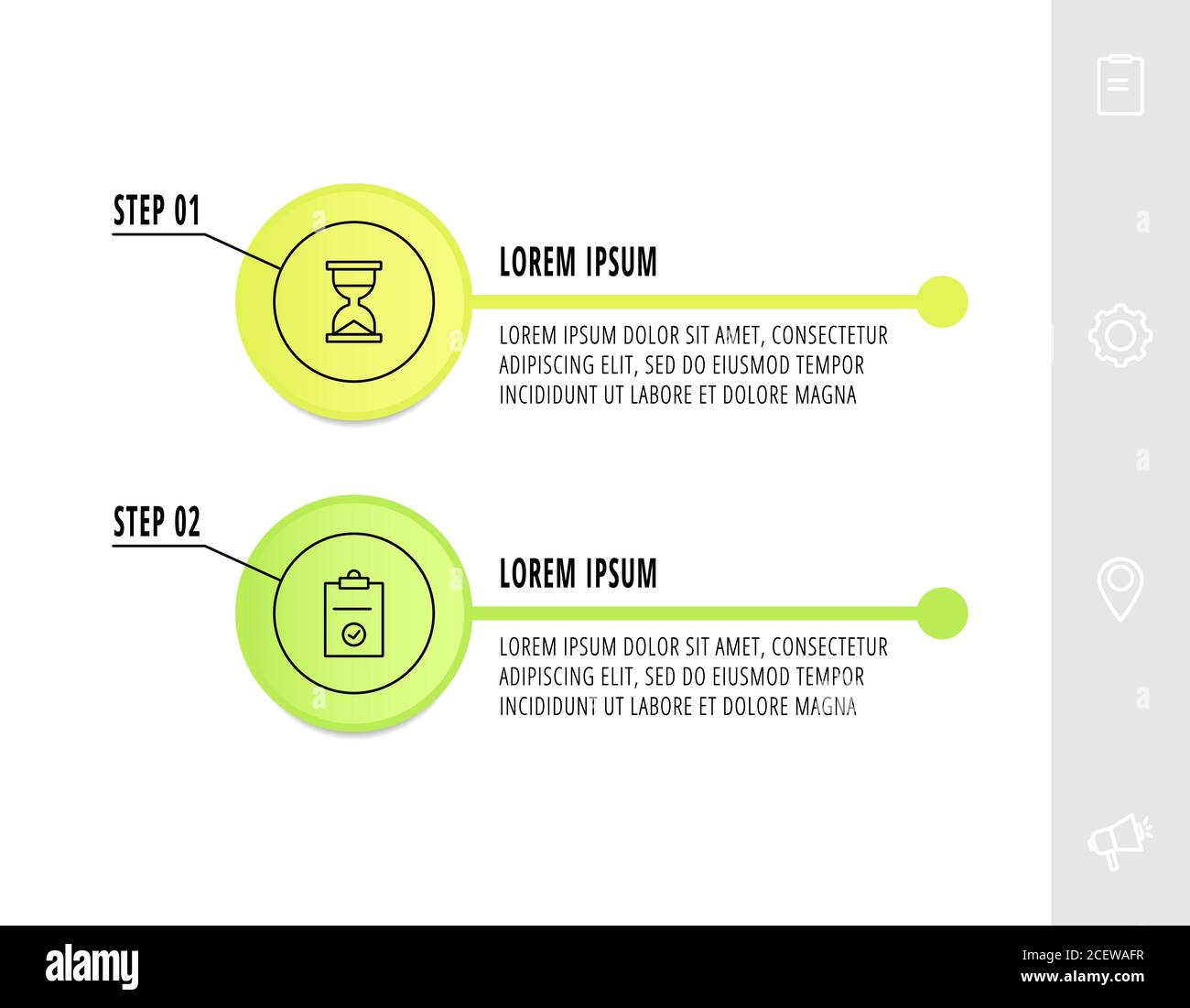 Infographics circles with 2 steps, icons. Flat line vector template. Can be used for two ...