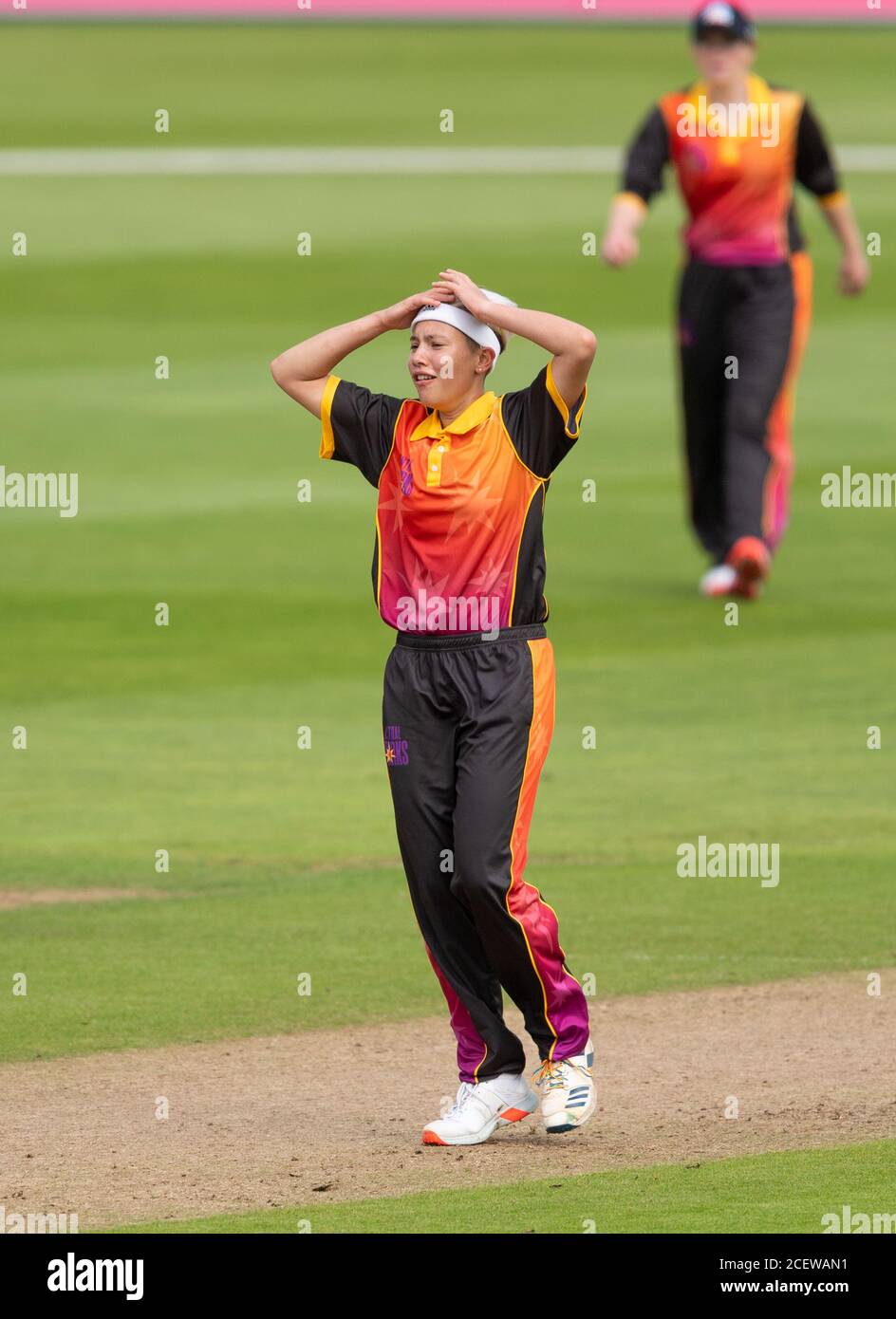 Central Sparks' Issy Wong reacts during her bowling spell in a Rachael ...