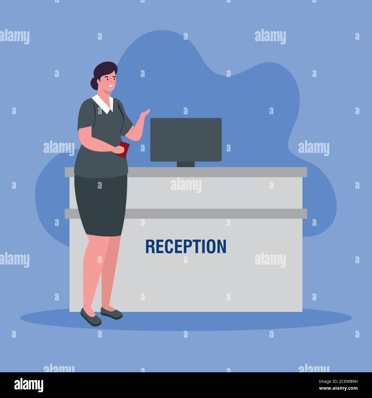 smiling aircraft stewardess dressed with uniform in reception attention ...