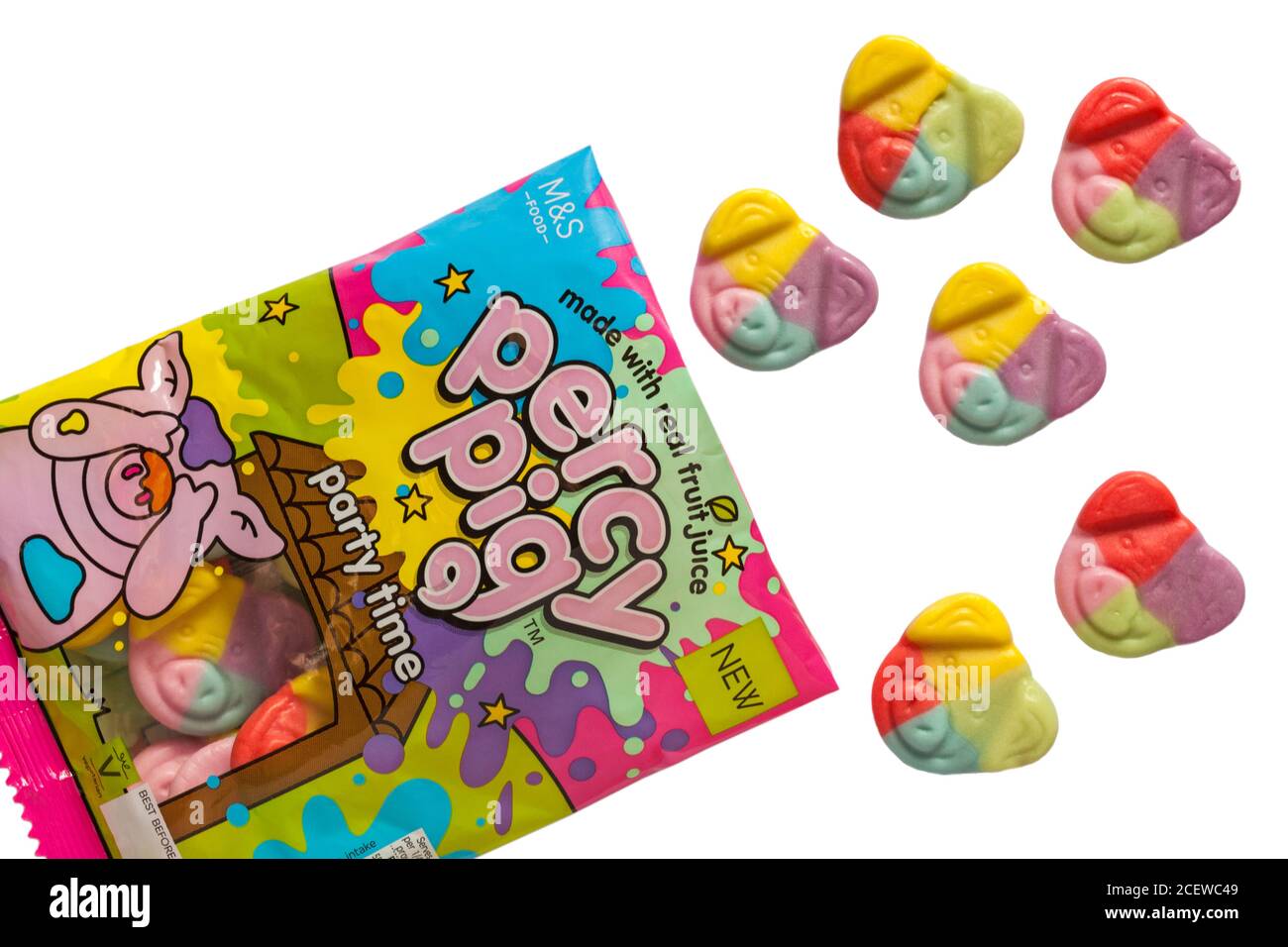 Bag of new Marks & Spencer percy pig party time sweets opened with contents spilled spilt set on ...