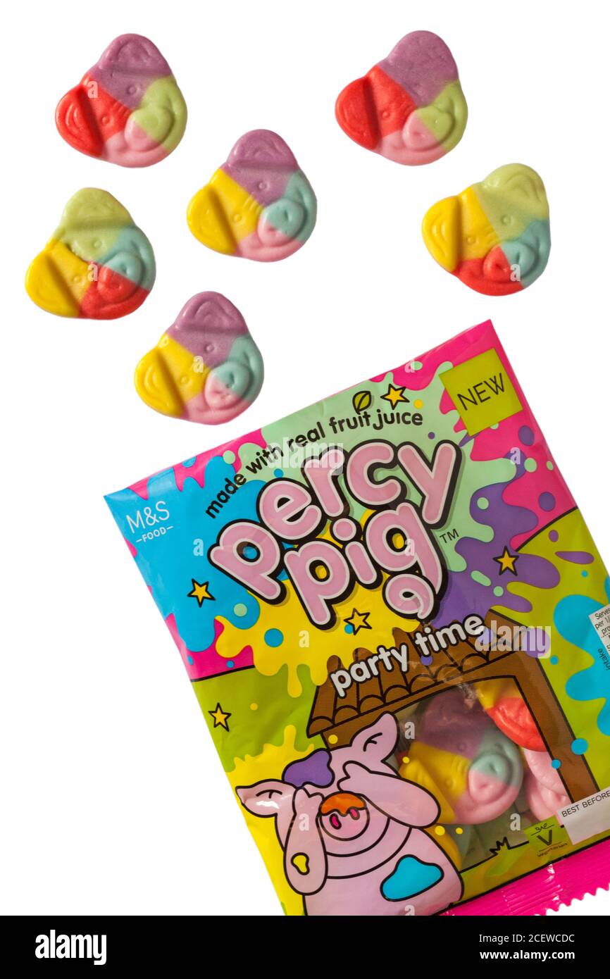 Bag of new Marks & Spencer percy pig party time sweets opened with contents spilled spilt set on ...