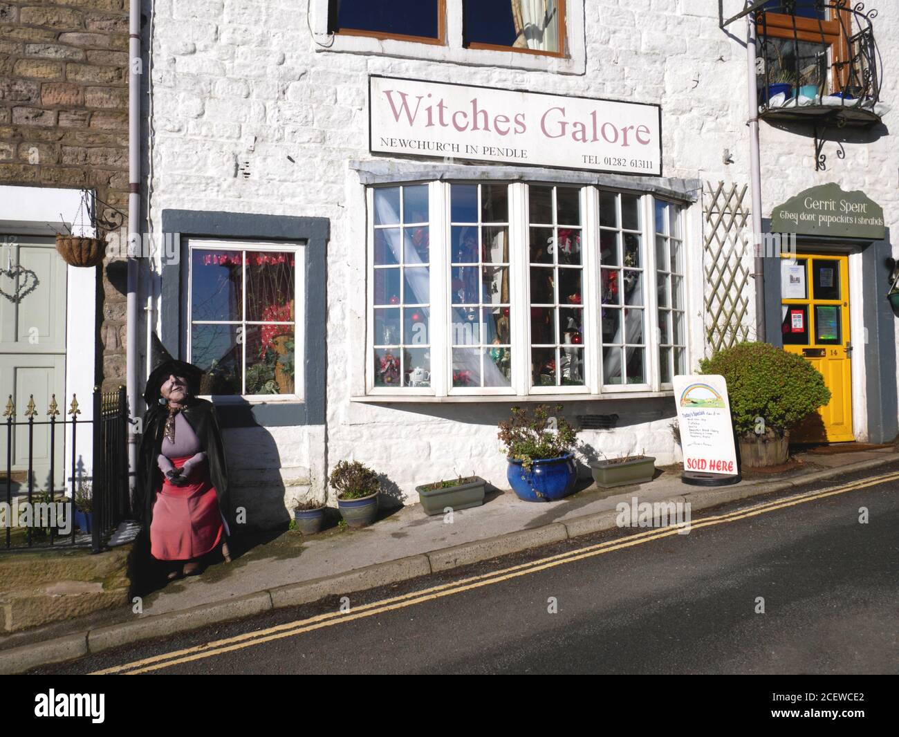 A Pendle Witch effigy beside the shop at Newchurch-in-Pendle ...