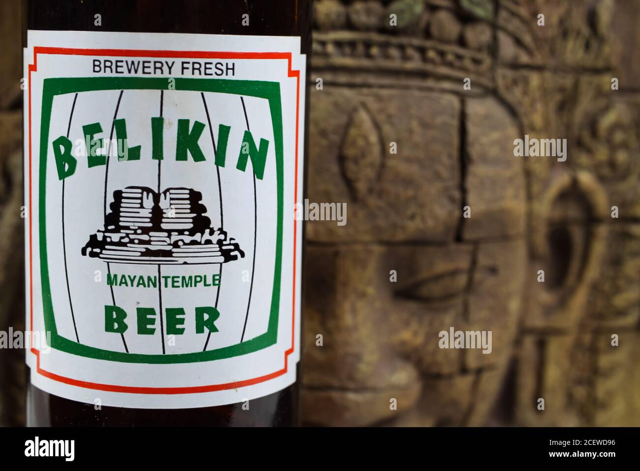 Viersen, Germany - July 9. 2020: Closeup of belikin mayan temple beer ...