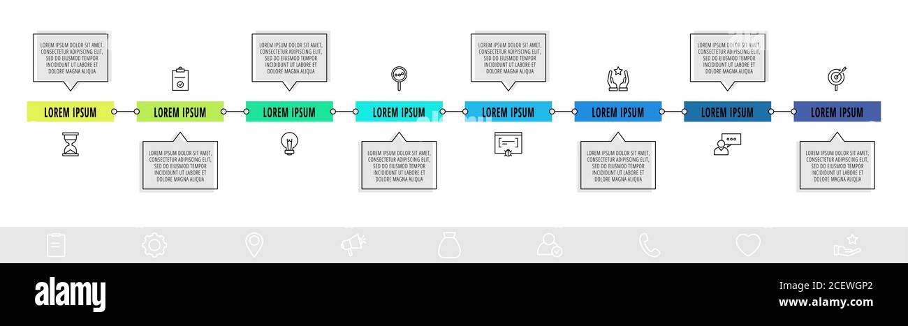 Vector infographic design with eight boxes with arrows and icons. Flat ...
