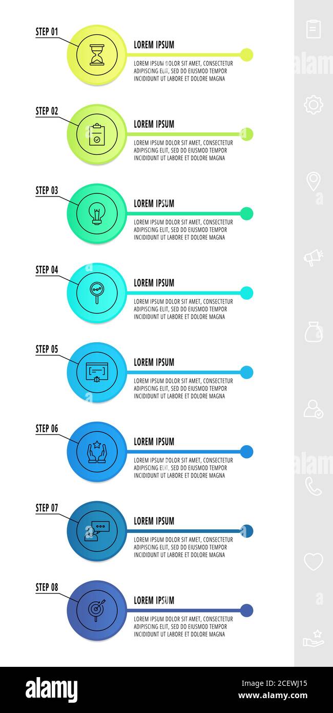 Infographics circles with 8 steps, icons. Flat line vector template ...