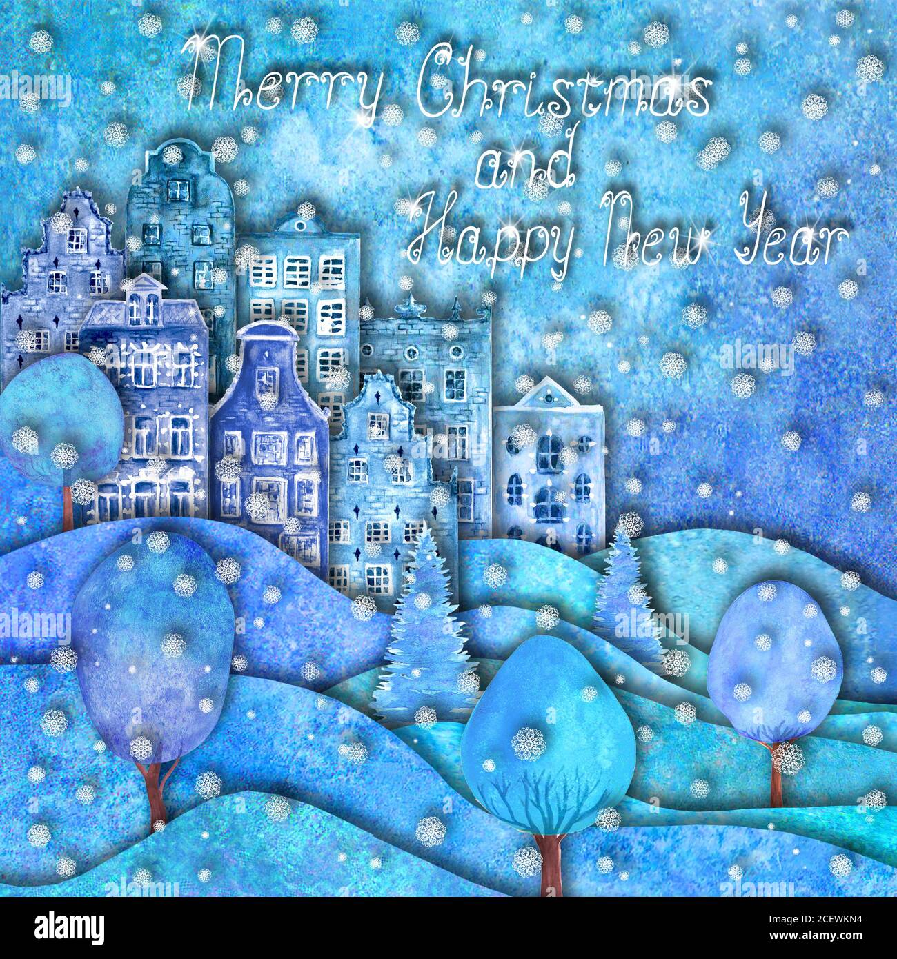 Happy new year and Merry christmas design. Watercolour hand drawn hills ...