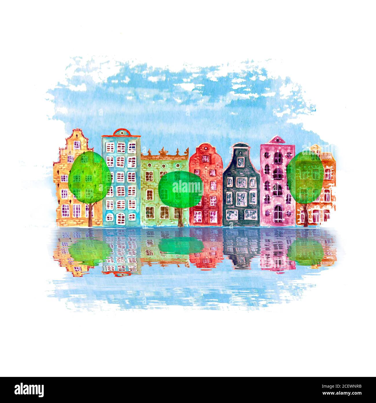 Old city illustration with watercolor hand painted old european houses ...