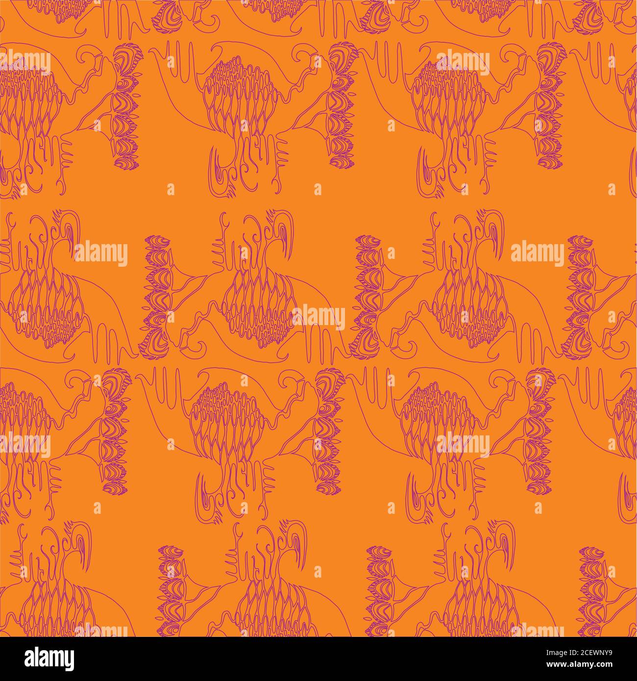Abstract, boho, ethno seamless pattern, violet outline, orange ...