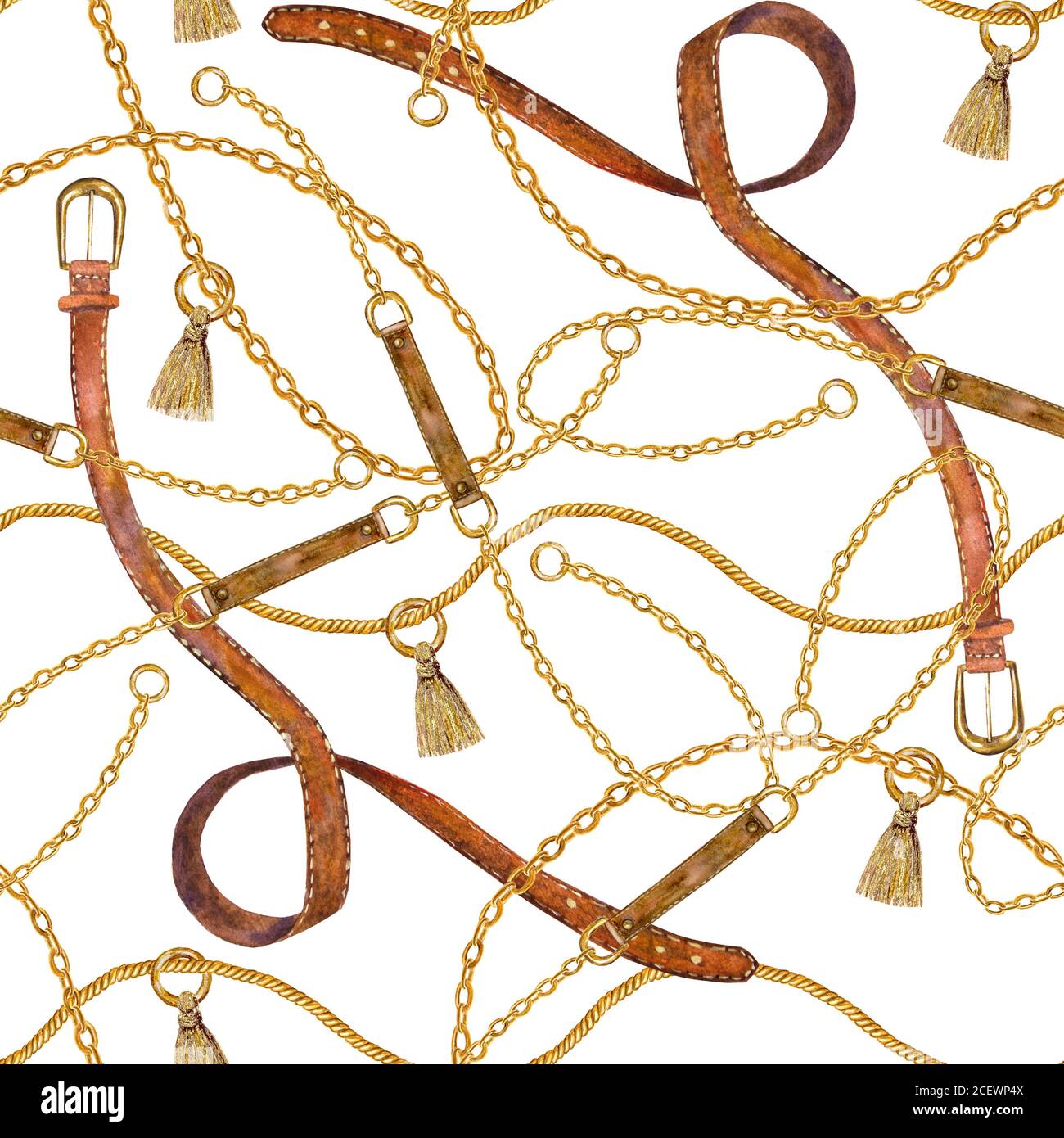 Golden chain, belt glamour seamless pattern. Watercolor hand drawn ...