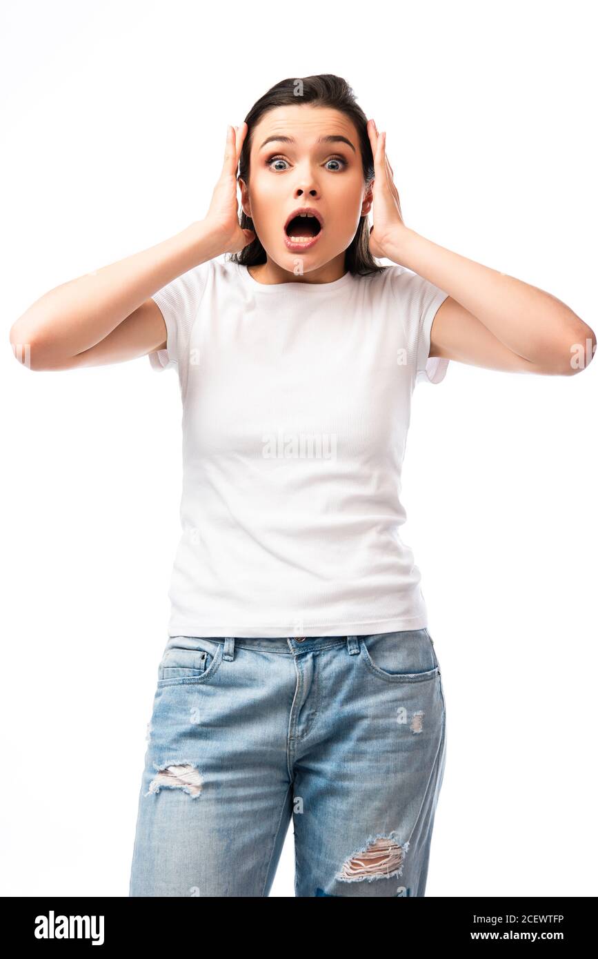 Shocked scared brunette woman hi-res stock photography and images - Alamy