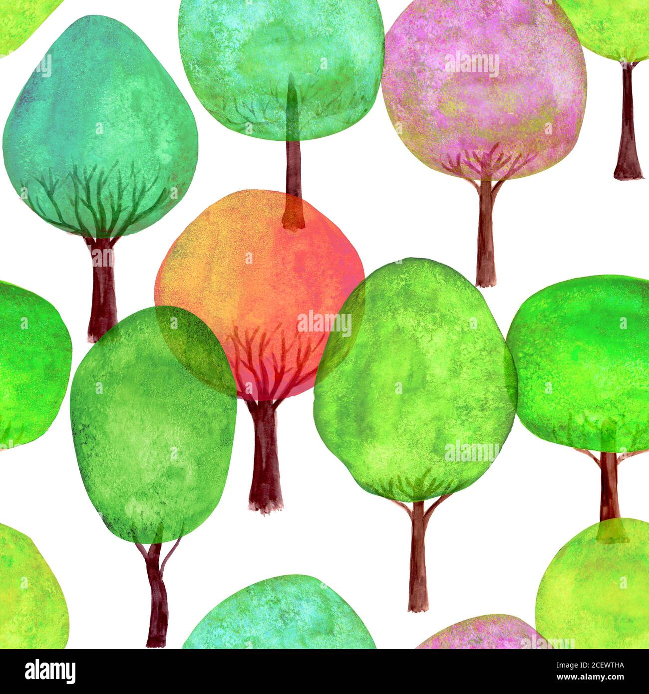 Seamless pattern of watercolor colorful trees on white background ...