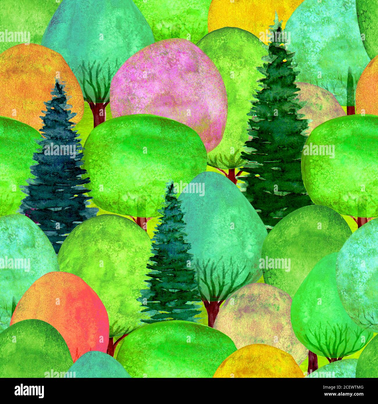 Seamless pattern of watercolor colorful trees on green grass background ...