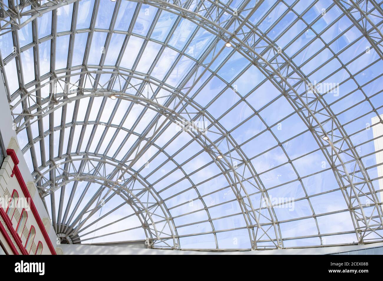 A metal structure supporting the supermarket glass dome. Transparent ...