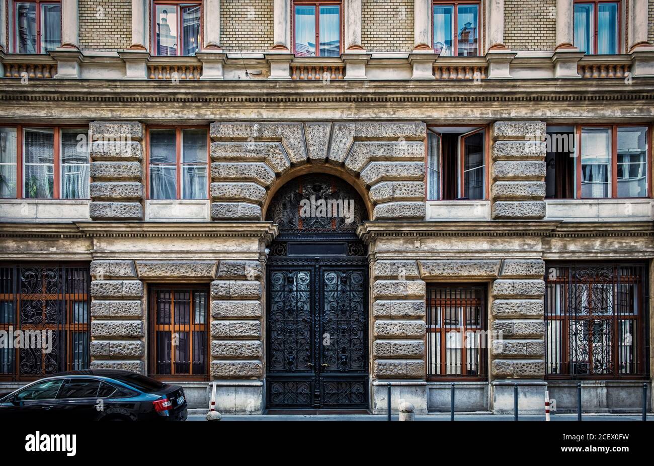 Budapest, Hungary, Aug 2019, view of an old building with a black ...