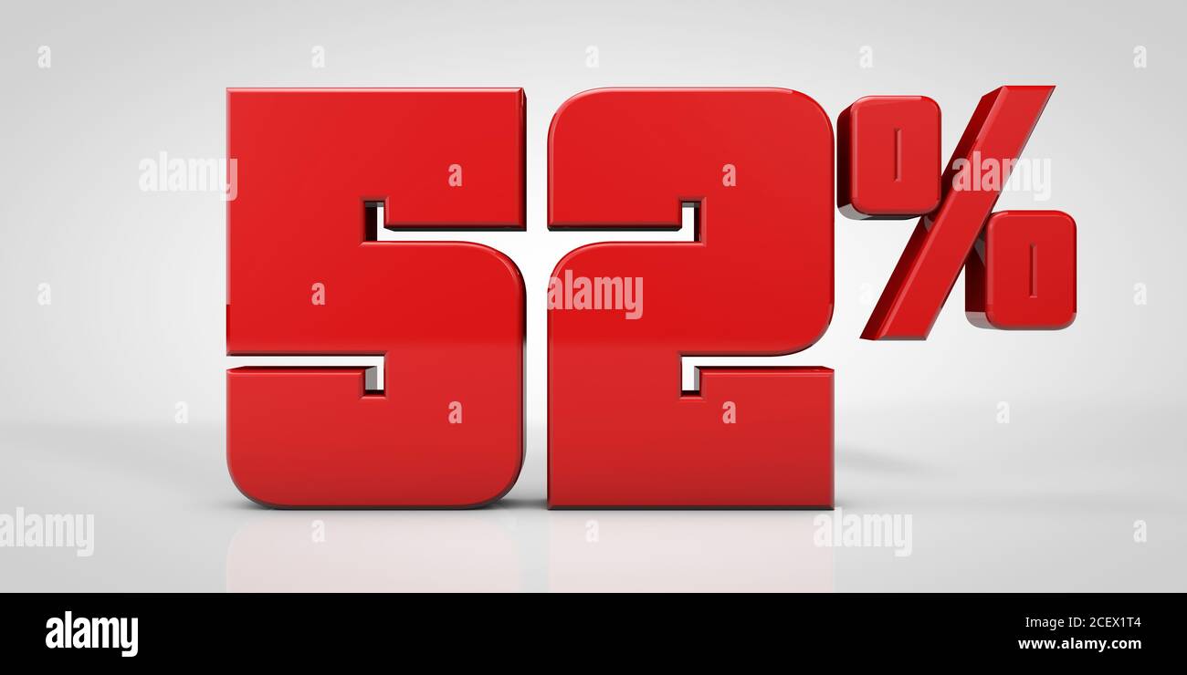52% red text isolated on white background, 3d render illustration Stock ...