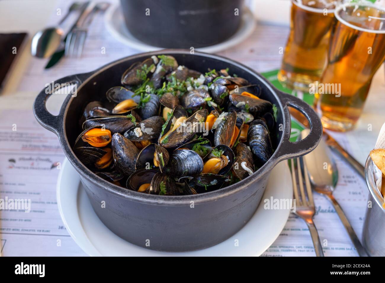pot of gourmet mussels garnished with fresh herbs for a tasty seafood ...