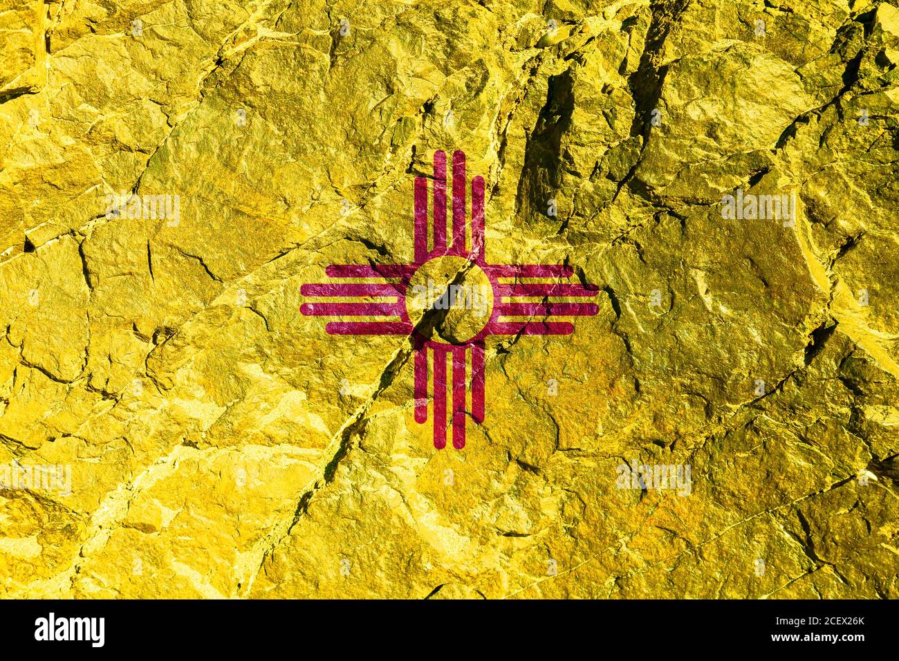National flag of the American state of New Mexico, red sun sign, symbol ...