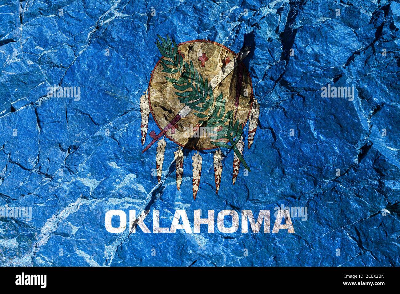 National flag of USA states of Oklahoma against a sky-blue background ...