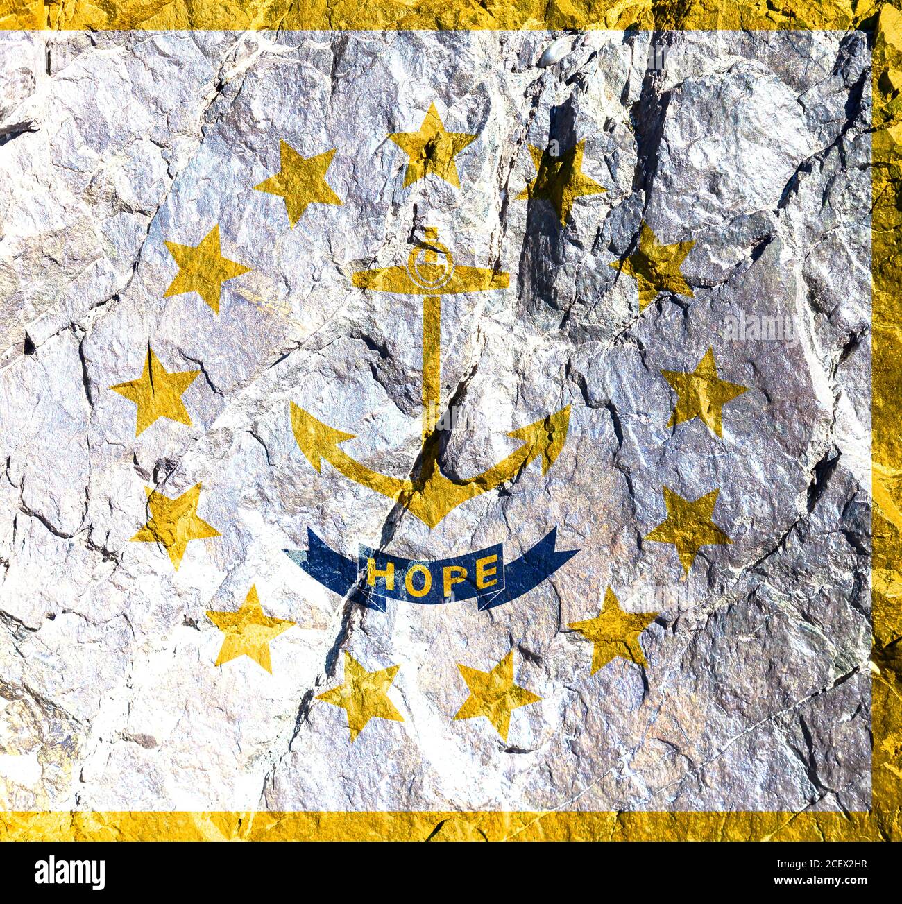 Flag of American state of Rhode Island is painted on mountain wall in ...