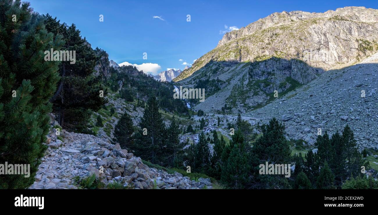 Panoramic view of mountain landscape of Pyrenees mountain range near ...