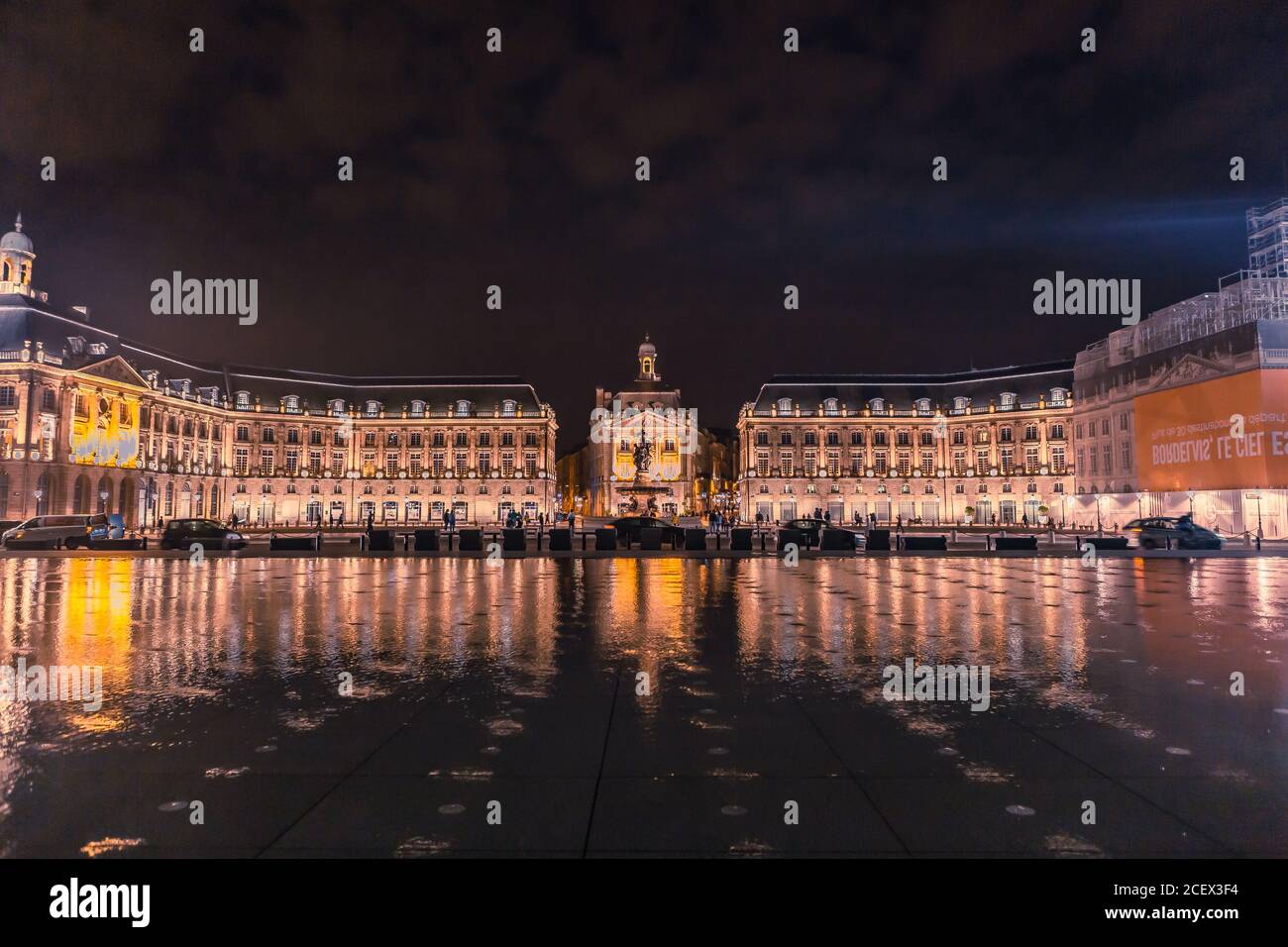 The night view of the water mirror plaza in Bordeaux, France Stock ...