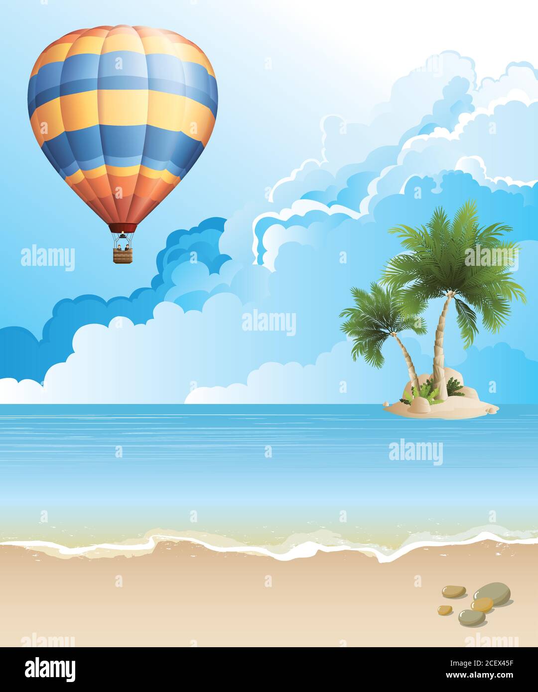 Picturesque tropical island beach scene with hot air balloon flying ...