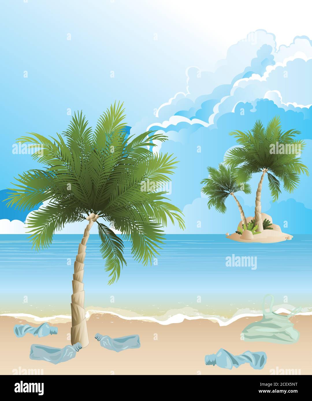 Polluted tropical island beach scene with washed up plastic bottles and ...