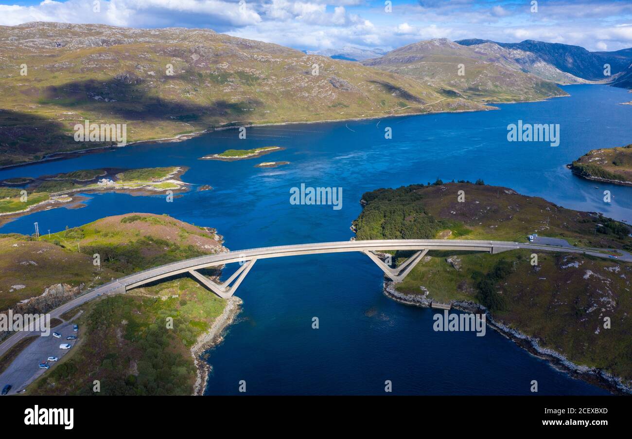 Aerial view of Kylesku Bridge crossing Loch Chairn Bhain in Sutherland ...