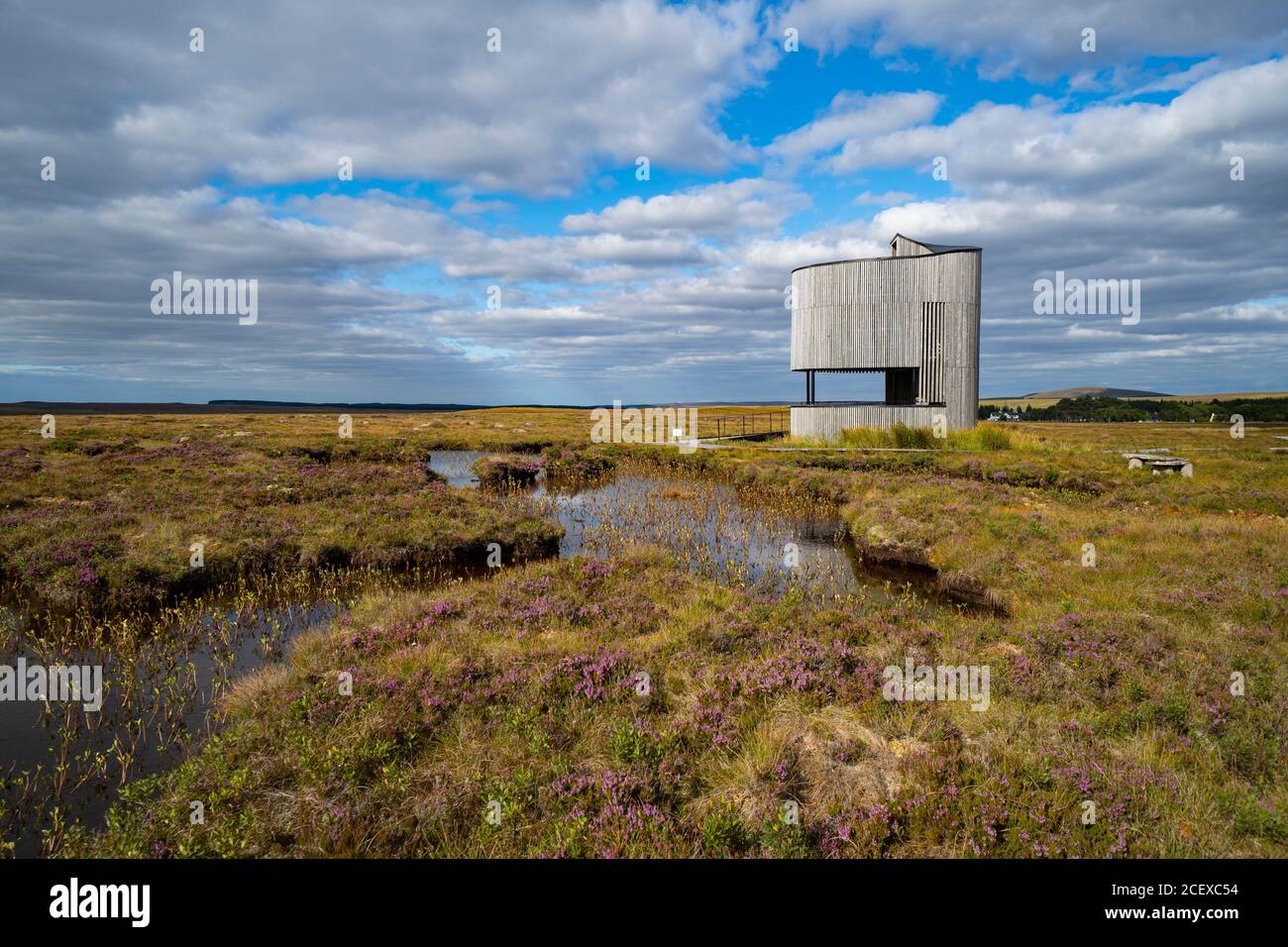 View of visitor viewing tower on landscape of the Flow Country at RSPB ...